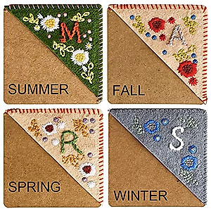 4PCS Personalized Hand Embroidered Corner Bookmark Easter Gift Cute Flower Embroidered Corner Bookmark Embroidery Book Marker Clip for Book Lovers Bookmarks for Meaningful Gift（All Seasons）