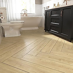 Skyblur Vinyl Planks Flooring Peel and Stick Floor Tile Natural Wood Tiles for Floor Stickers Removable Self Adhesive Tiles Bathroom Floor Vinyl Tiles for Kitchen Floor 35x6 Inch 4 Pcs