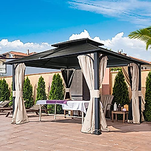 EAGLE PEAK 12x14 Outdoor Steel Frame Hardtop Gazebo Pavilion with Double Roof for Garden, Patio, Lawn and Party, Mosquito Mesh Netting and Light Beige Privacy Curtains Included, Black