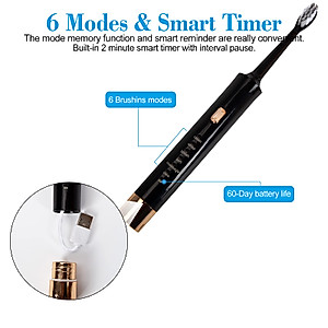 Goalie Rechargeable Electric Toothbrush with 9 Brush Heads & Anti-Loss USB Cable, 6 Modes, Medium Soft Bristles, Smart Timer, V1 Travel Version Black Set