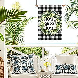 wondever Home Sweet Home Wreath Garden Flag 12×18 Double Sided Vertical Black and White Buffalo Check Plaid Burlap Watercolor Green Leaves Yard Flags for Farmhouse Yard Holiday Outdoor Flags Decor