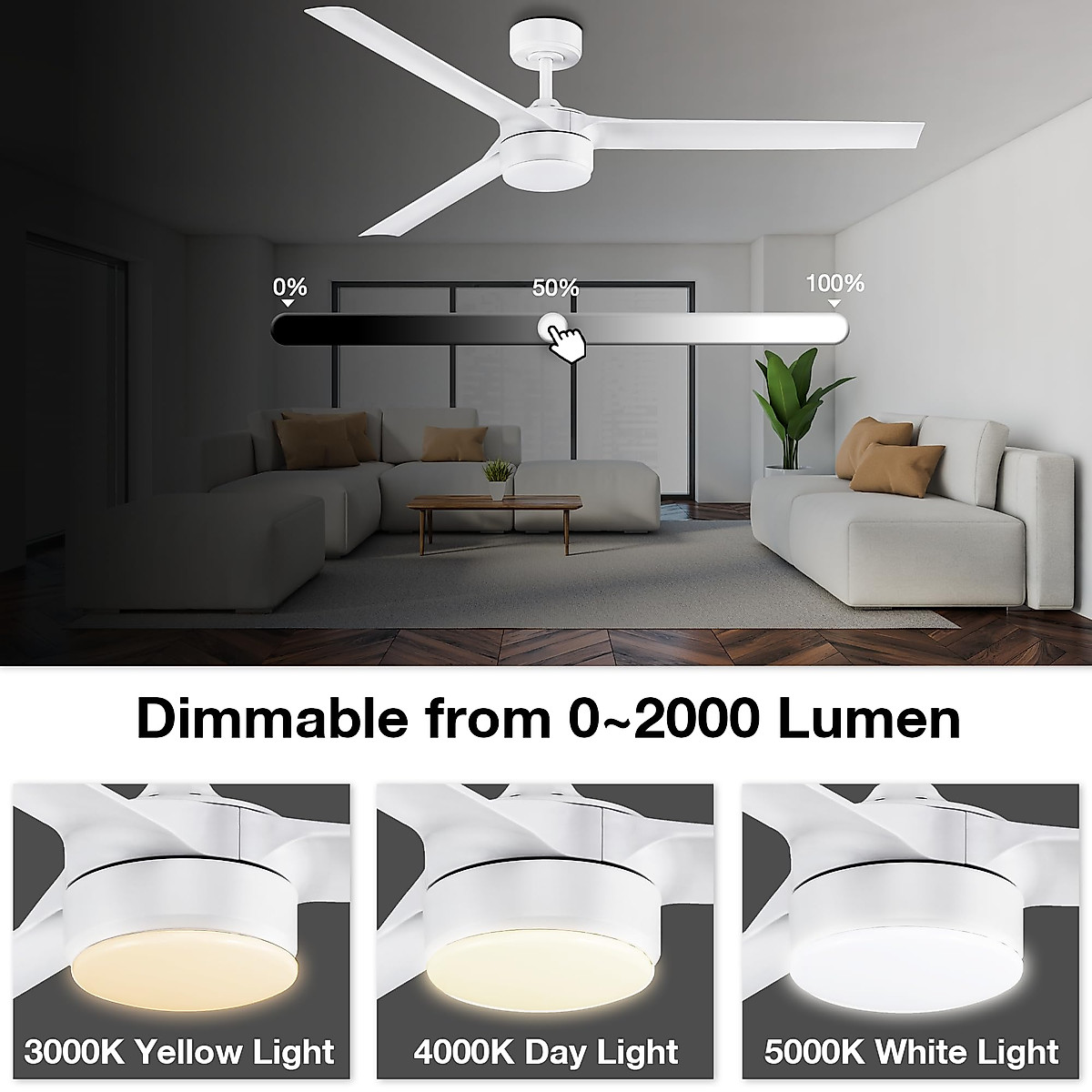 cumilo 60” Large Smart Ceiling Fans with LED Lights and Remote,Quiet DC Motor,Dimmable,Outdoor Indoor Matte White Ceiling Fan Controlled by WIFI Alexa App,Modern 3 Blade for Bedroom Living Room Patio
