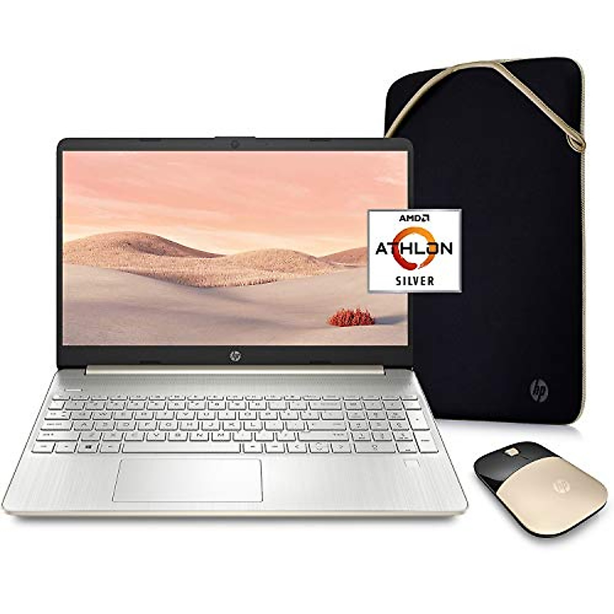HP Pavilion Laptop (2021 Latest Model), AMD Athlon 3050U Processor, 16GB RAM, 512GB SSD, Long Battery Life, Webcam, HDMI, Bluetooth, WiFi, Gold, Win 10 + Oydisen Cloth