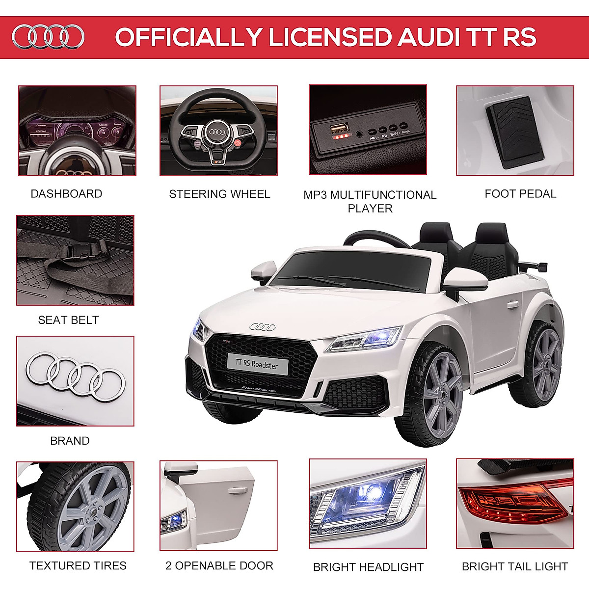 Aosom 6V Kids Electric Ride On Car, Licensed Audi TT RS with Suspension System and Remote Control, Horn, 5 Songs, Lights, MP3 Player, White