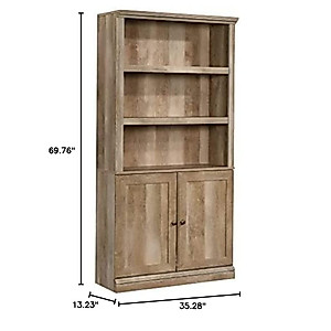 Sauder Miscellaneous Bookcase with Doors, L: 35.28" x W: 13.23" x H: 69.76", Lintel Oak finish