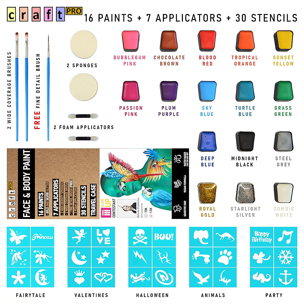 Craft Pro - Kids Face Paint Kit - Vegan + Cruelty Free (Non-Toxic). Includes Guidebook, Applicators, Stencils. Easy ON Easy Off (Water Activated Body Paint)