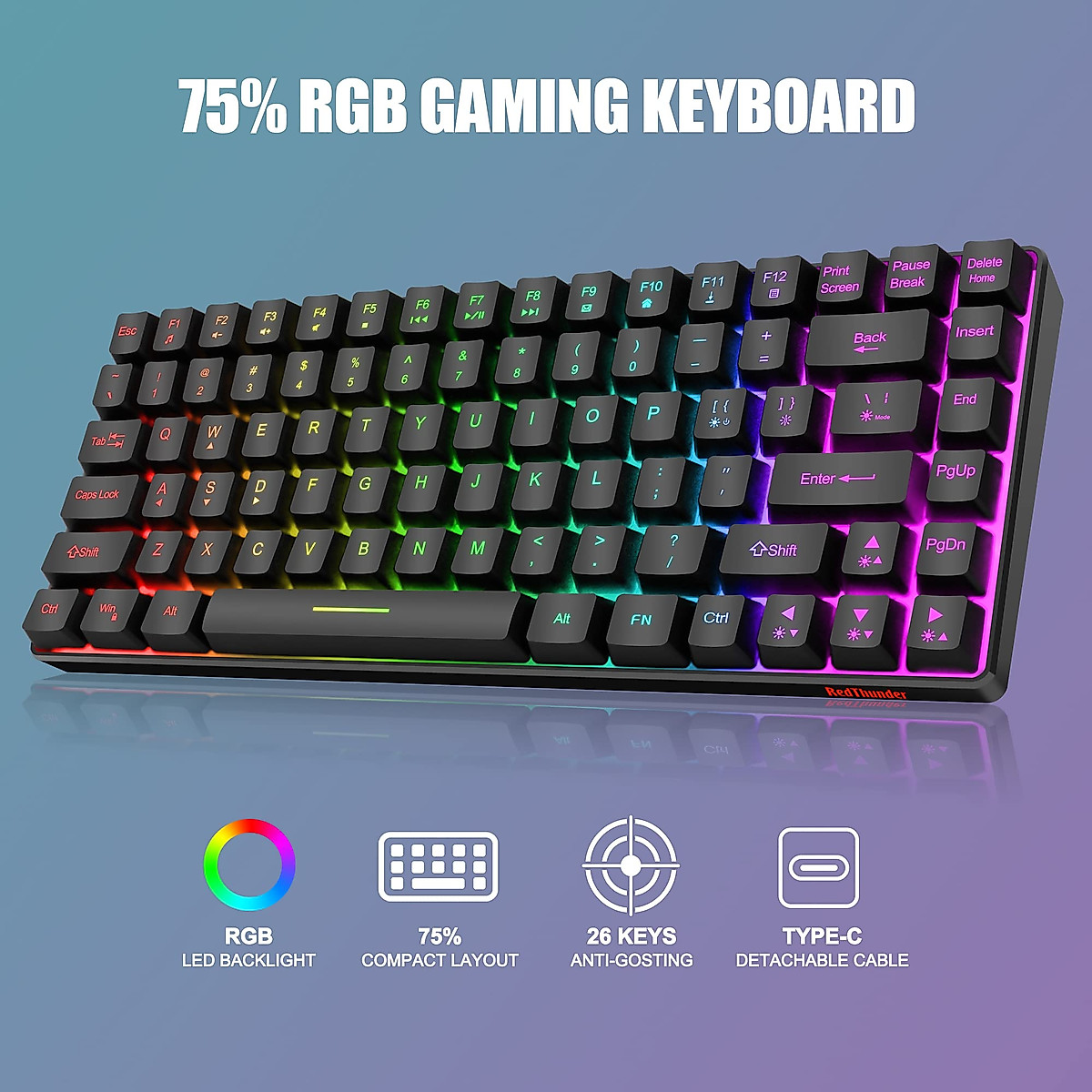 RedThunder K84 Mini Gaming Keyboard, 75% Ultra-Compact TKL Mechanical Feel Wired Keyboard with RGB LED Lighting Effects for PC/MAC/PS4/PS5/XBOX Gamer (Black)
