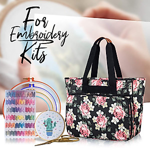 Yarwo Embroidery Project Bag, Embroidery Kits Storage Bag with Multiple Pockets for Embroidery Hoops (Up to 11.2"), Embroidery Floss or Other Embroidery Supplies, Black Peony (Bag Only)