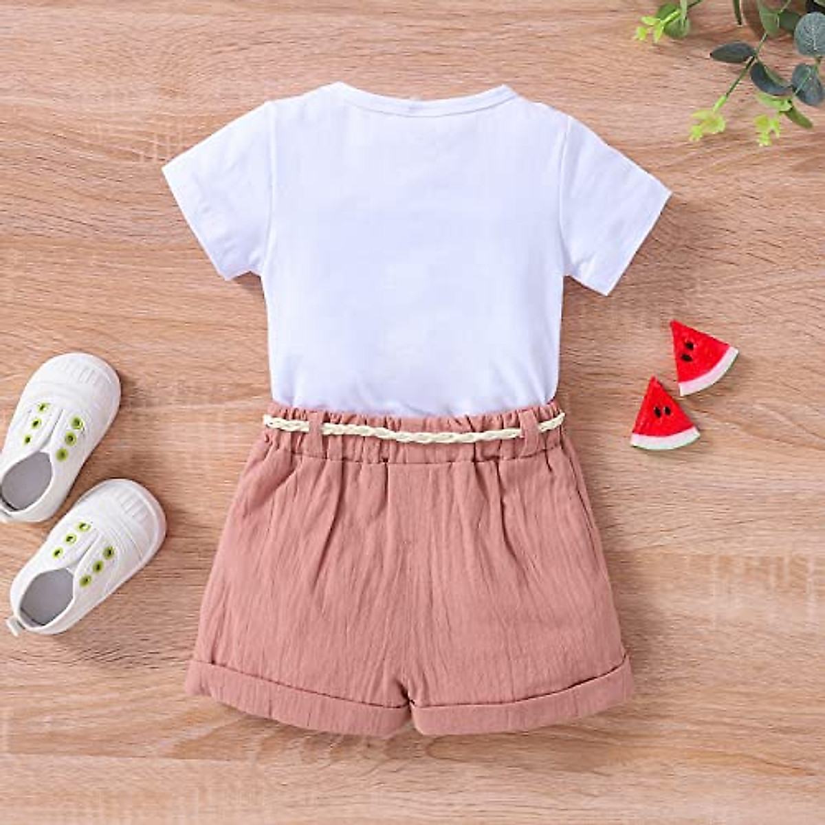Aimaopao Toddler Baby Girls Summer Clothes Watermelon Print T-shirt Linen Short Sets With Belt Outfits for 1-5 Years Old (Watermelon Pink, 3-4T)