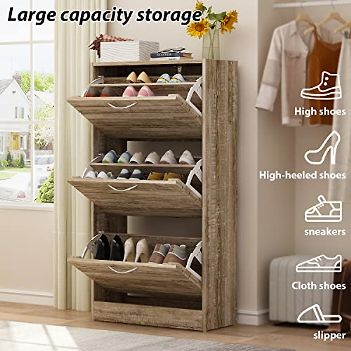 AGOTENI Shoe Cabinet, Natural Narrow Shoe Cabinet with 3 Flip Doors & Adjustable Shelf, Modern Shoe Storage Cabinet for Entryway Hallway (22.4”W x 9.4”D x 42.3”H)