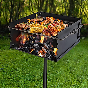 KODOM Park-Style Charcoal Grill, 16x16x8 Inch Heavy Duty Steel Outdoor BBQ Grill with Grate, Single Post Carbon Steel Park Grill for BBQ, Camping, Backyard