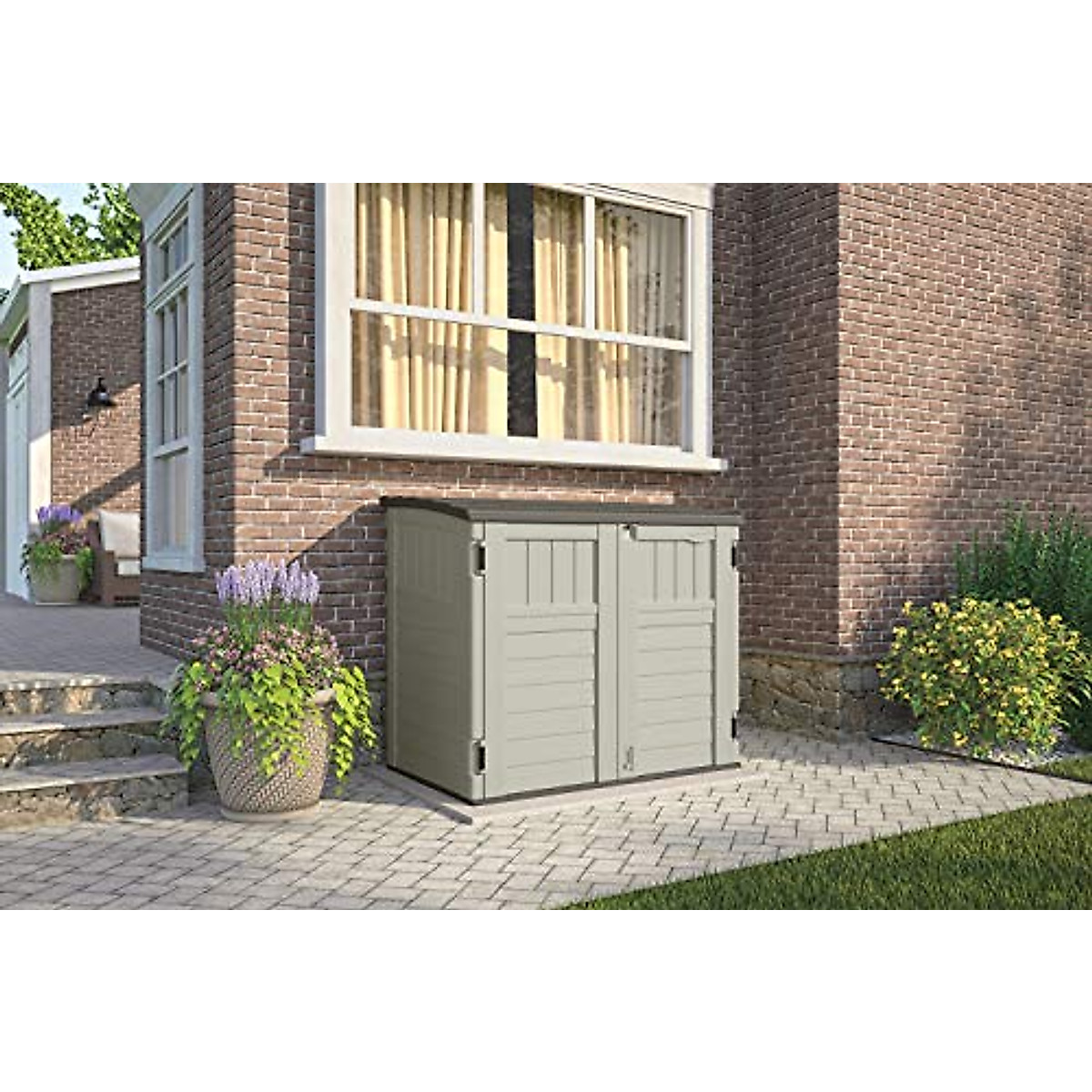 Suncast Horizontal Outdoor Storage Shed for Backyards and Patios 34 Cubic Feet Capacity for Garbage Cans, Tools and Garden Accessories, No Size, Vanilla