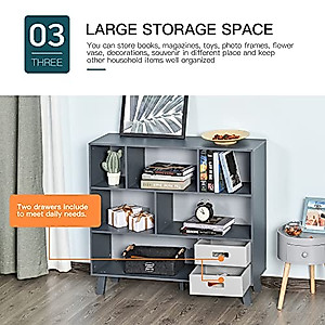 HOMCOM 3-Tier Child Bookcase Open Shelves Cabinet Floor Standing Cube Storage Organizer with Drawers - Grey