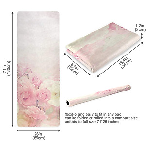 OTVEE Pink And White Roses Flowers Yoga Mat for Women Non Slip Ultra Thin 1 MM Travel Yoga Mat with Carrying Bag Suede Fitness Exercise Mat for Yoga Pilates Workout Routines Camping