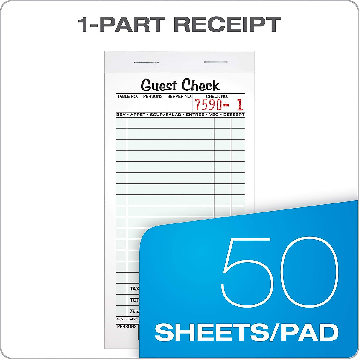 Adams Guest Check Pads, Single Part, Perforated Guest Receipt, 3-2/5" x 6-1/4", 50 Sheets per Pad, 10 Pack (525SW), White