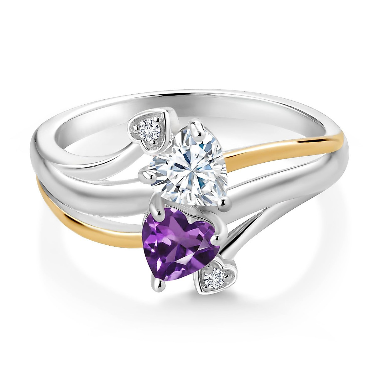 Gem Stone King 925 Sterling Silver and 10K Yellow Gold Purple Amethyst Lab Grown Diamond and White Moissanite 2 Heart Promise Engagement Mother Ring (0.86 Cttw, Available In Size 5, 6, 7, 8, 9)