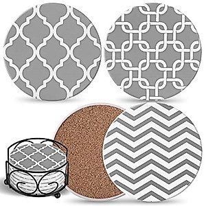 Grey Coasters for Drinks Absorbent - Gray Drink Coasters for Wooden Table - Farmhouse Coasters with Holder - Water Absorbant Rustic Cup Coaster - Tabletop Protection - Ceramic Stone Coasters Set of 6