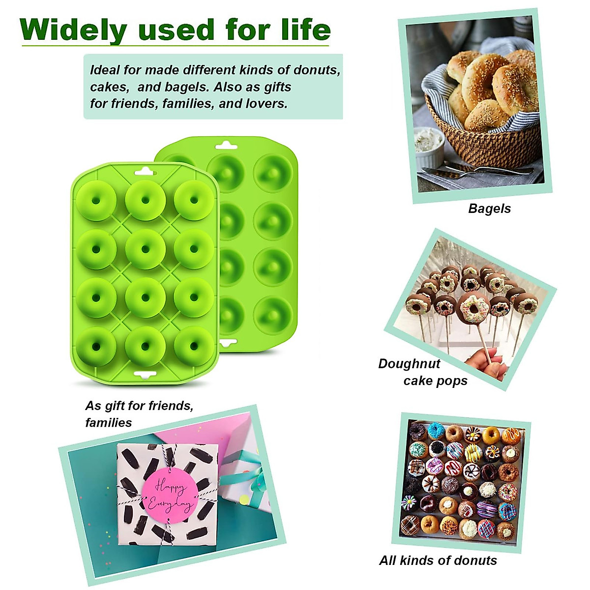 Cupidove Silicone Donut Pan for Baking | Nonstick, Mini 12 Holes Pure Food Grad Green, BPA Free, German LFGB Approved - Makes 12 Full Size Donuts