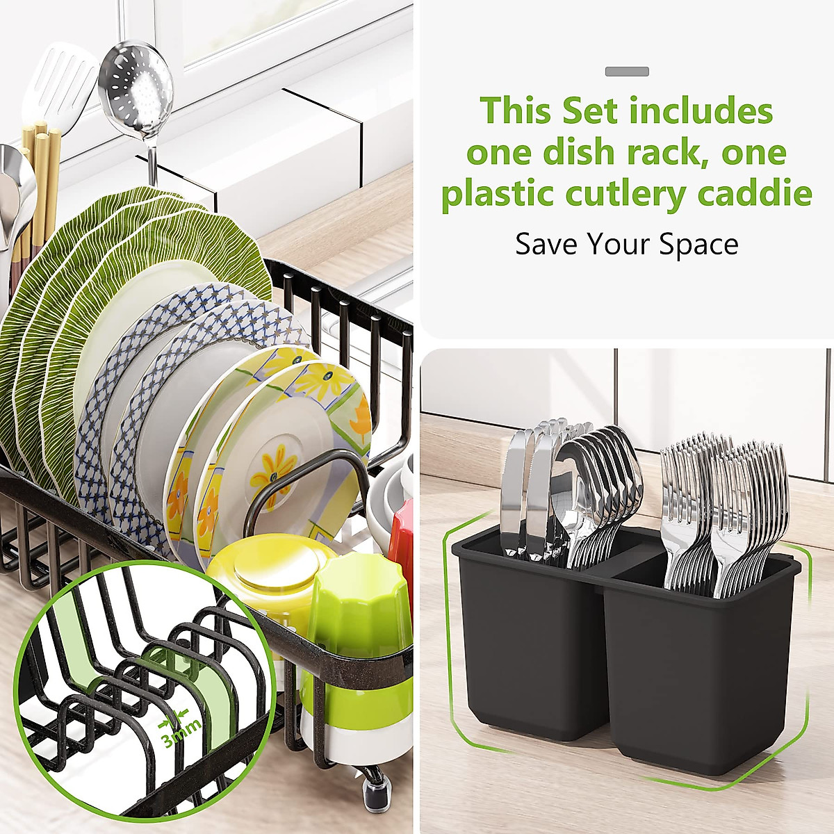 1Easylife Dish Drying Rack with Anti Rust Frame, Small Dish Drainer Rack for Kitchen Counter, Sink Dish Rack on Counter with Utensil Holder and Non-Slip Rubber Feet Rustproof for Organizer Storage