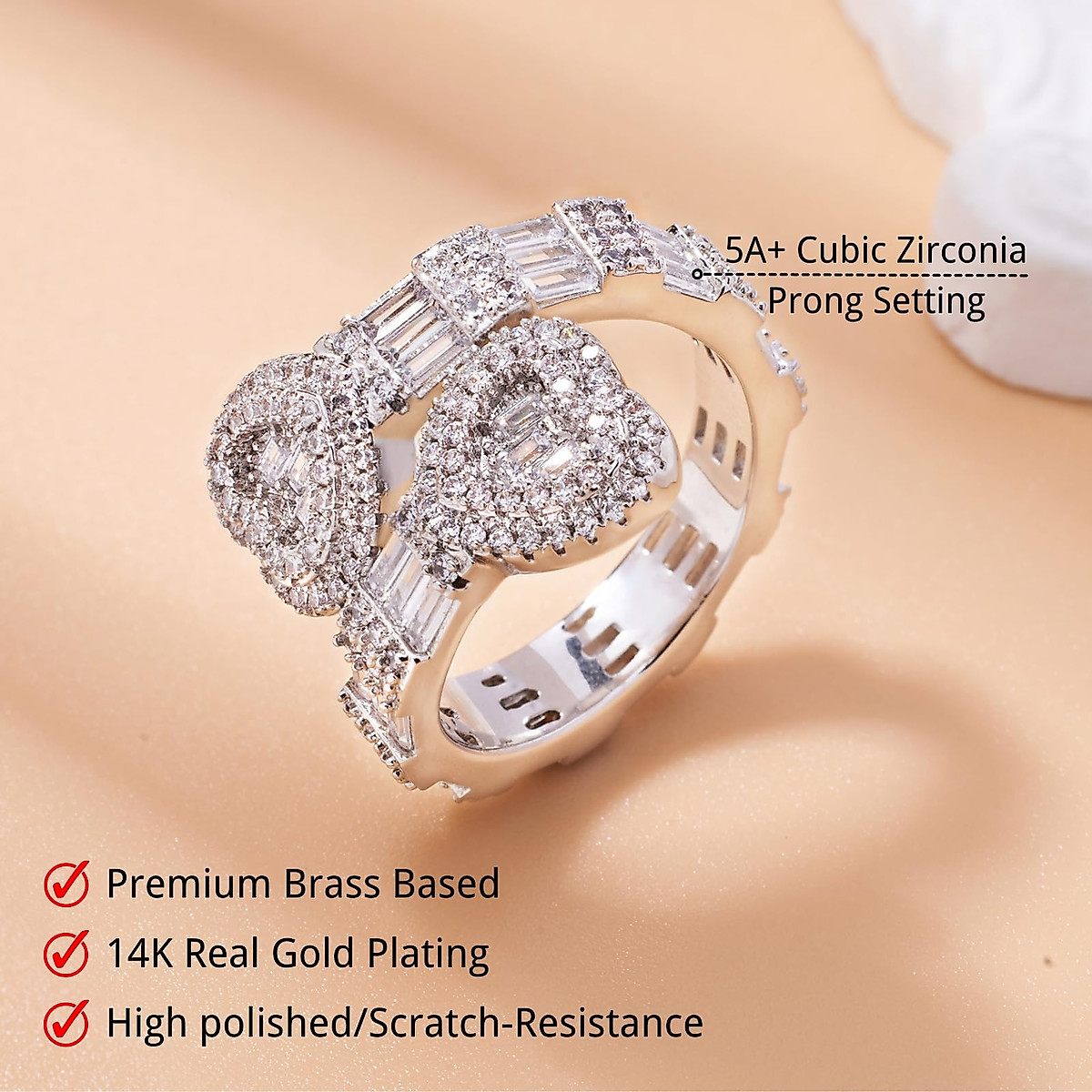 Lulu Mel Iced Out Jewelry baguette CZ adjustable heart ring，bling bling all match gold pinky ring party rose gold love girl women luxury (Silver, 6)