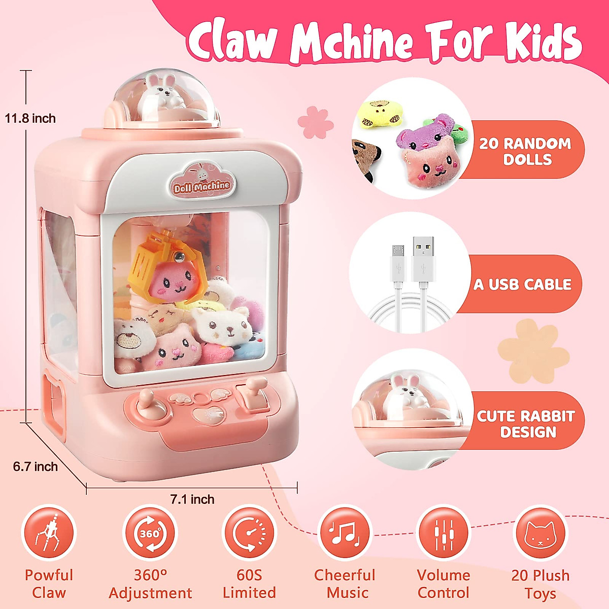 Claw Machine for Kids,Mini Vending Machines Candy Grabber Prize Dispenser Toys for Girls,Electronic Arcade Claw Game Machine for Party Birthday with Lights Sound & 20 Plush Toys