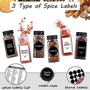 Churboro 36 Spice Jars with 547 Labels- Glass Spice Jars with Black Metal Caps, 4oz Empty Spice Containers with Shaker Lids, Funnel, Chalk Pen, Square Seasoning Bottles for Spice Rack, Drawer, Cabinet