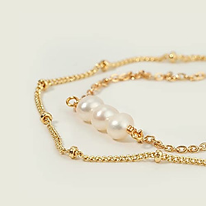 MEVECCO Bracelet for Women Gold Layered Satellite Chain Trio Pearl Bead Wire Wrapped 14K Gold Plated Dainty 2 Layer Handmade Simple Jewelry Cute for Girls