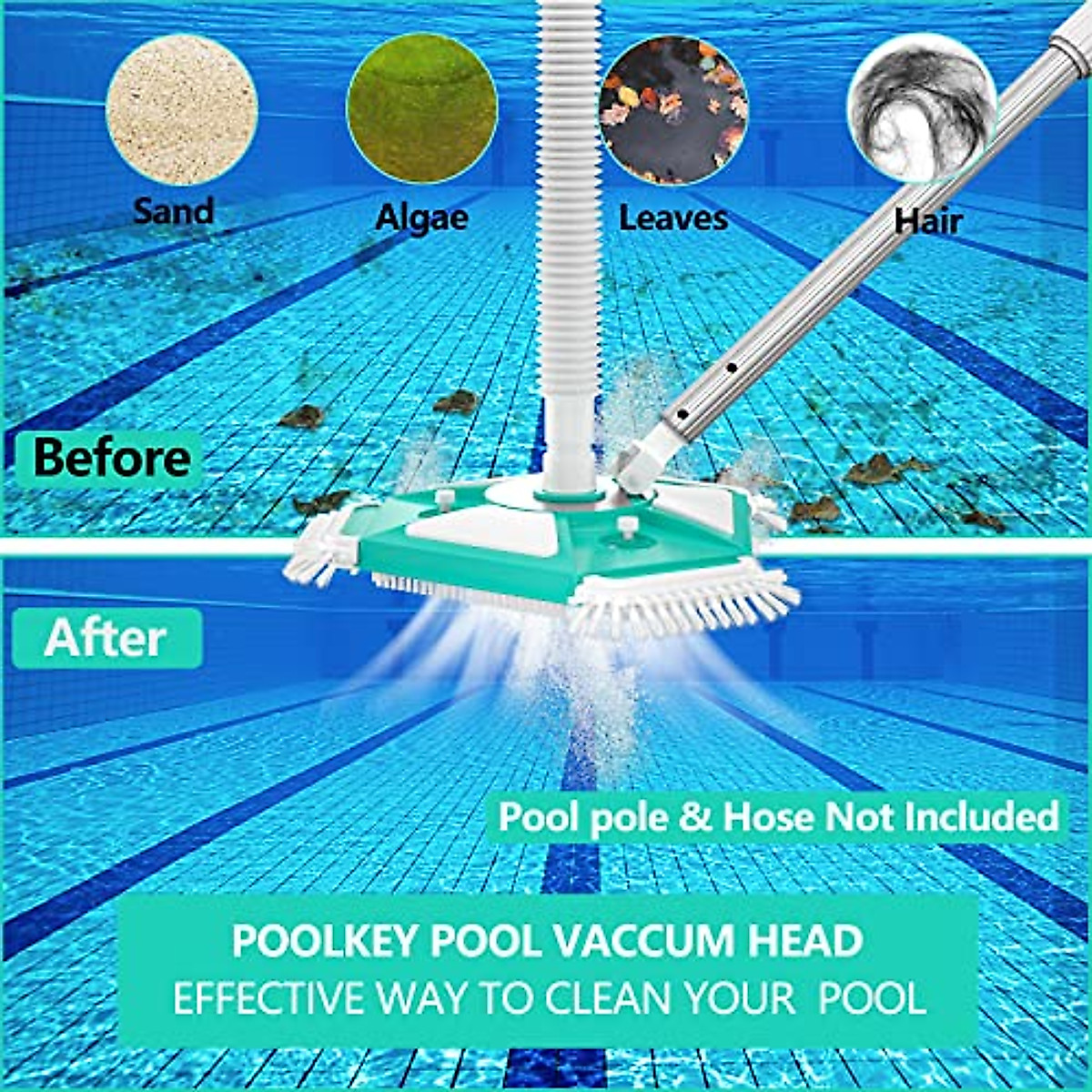 POOLKEY Upgraded Heavy Duty Pool Vacuum Head, Deluxe 15'' Triangular Shape with 18 Bottom & Corner Brushes, Wheels, 360° Rotatable Pole Connector Pool Vacuum Head for Above Ground Pool Inground Pools