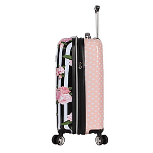 Betsey Johnson Designer 20 Inch Carry On - Expandable (ABS + PC) Hardside Luggage - Lightweight Durable Suitcase With 8-Rolling Spinner Wheels for Women (Stripe Roses)