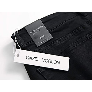 Qazel Vorrlon Men's Slim Fit Black Stretch Destroyed Ripped Skinny Denim Jeans,Size 28, Black