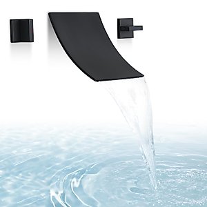 Qinkell Wall Mount Tub Faucet Matte Black Waterfall Tub Fill Roman Bathtub Faucet High Flow Brass Bathroom Bathtub Faucets with Rough-in Valve and 2 Handles