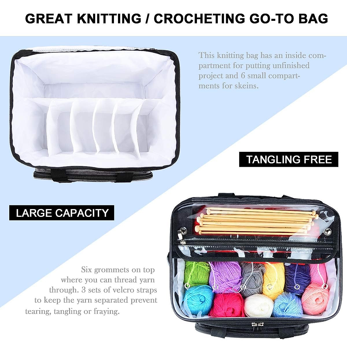 Hoshin Knitting Bag for Yarn Storage, High Capacity Yarn Totes Organizer with Inner Divider Portable for Carrying Project, Knitting Needles(up to 14”), Crochet Hooks, Skeins of Yarn (Purple)