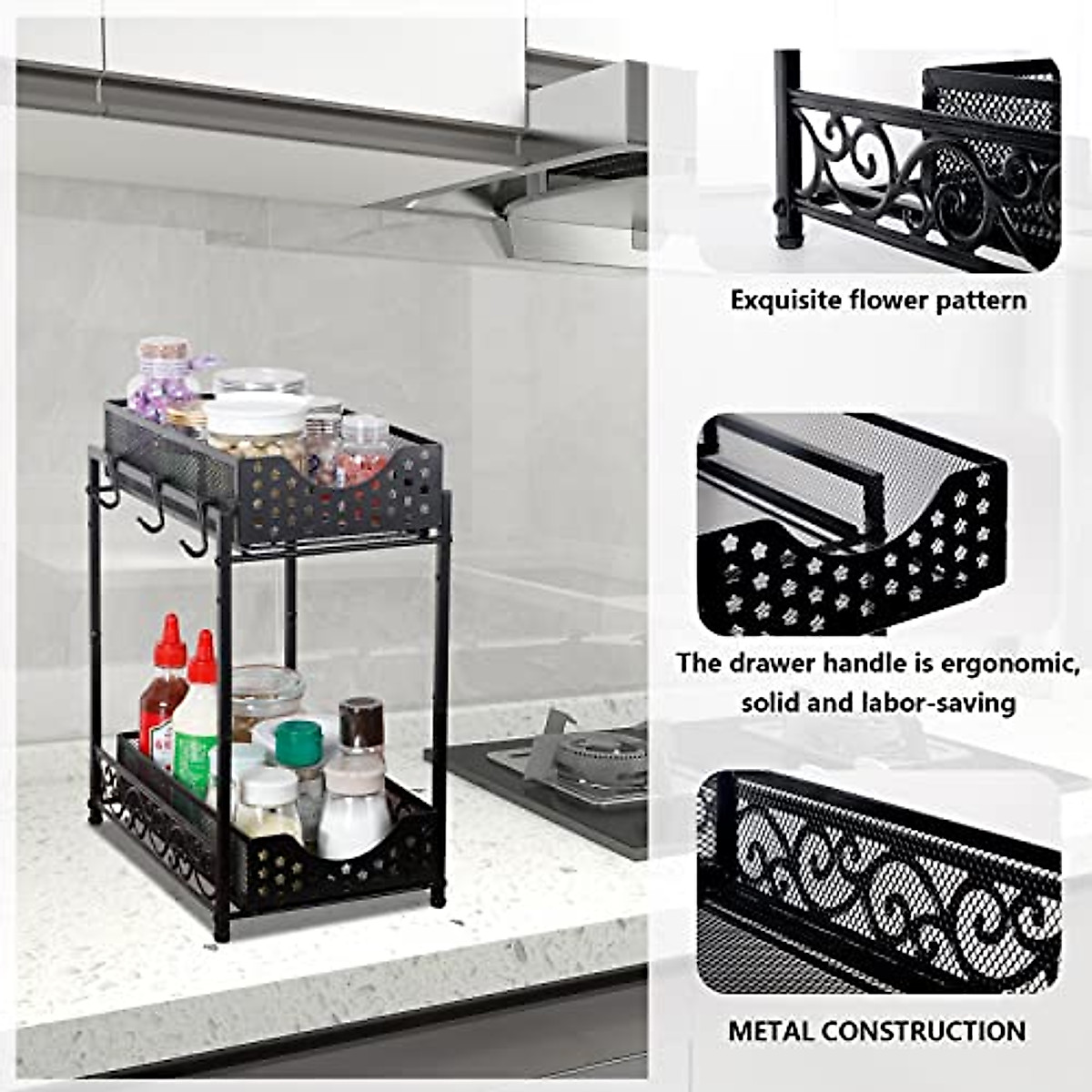 1 Pack Metal Under Sink Organizers and Storage - 2 Tier Bathroom Under Sink Organizers with Sliding Drawer Storage Kitchen Adjustable Under Sink Cabinet Organizer Sliding Countertop with Wheels,Hooks