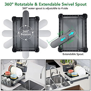 LITENEZZ Dish Drying Rack, Stainless Steel Dish Rack Drainers for Kitchen Counter with 360° Swivel Spout and Drainboard, Fingerprint-Proof Dish Drainers with Utensil Holder, Kitchen Sink Organizer