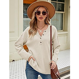 KTILG Pullover Sweaters for Women Oversized Sweater Side Slit Long Sleeve Loose V Neck Button Henley Tops Pullover Knit Jumper Beige, M