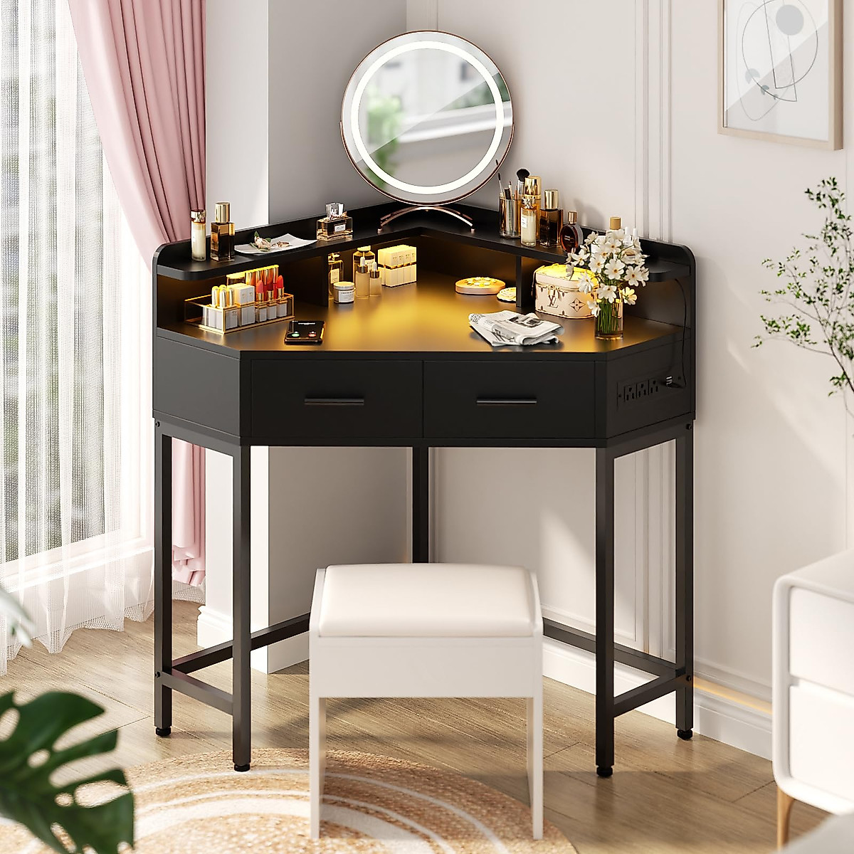 Cyclysio Corner Vanity Desk Without Mirror, Makeup Vanity Table with Lights & Power Outlets, Small Corner Vanity with Drawers for Bedroom,Small Spaces, Black