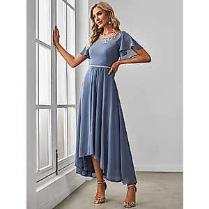 Ever-Pretty Women's Ruffles Sleeve High Low Lace Beaded Chiffon Midi Bridesmaid Gowns Wedding Guest Dress Dusty Blue US14