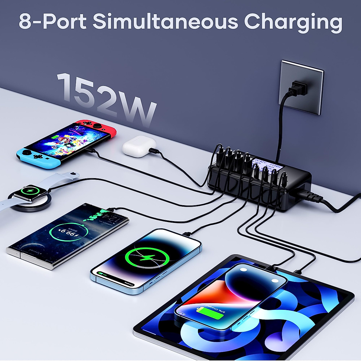 152W USB Charging Station, 8-Port Desktop USB C Charger Station, 20W 4xUSB-C Charger & 18W 4xUSB-A Multiple USB Charging Hub Compatible with iPhone 15/14/13 Pro/Max, iPad, Samsung Galaxy Note S23