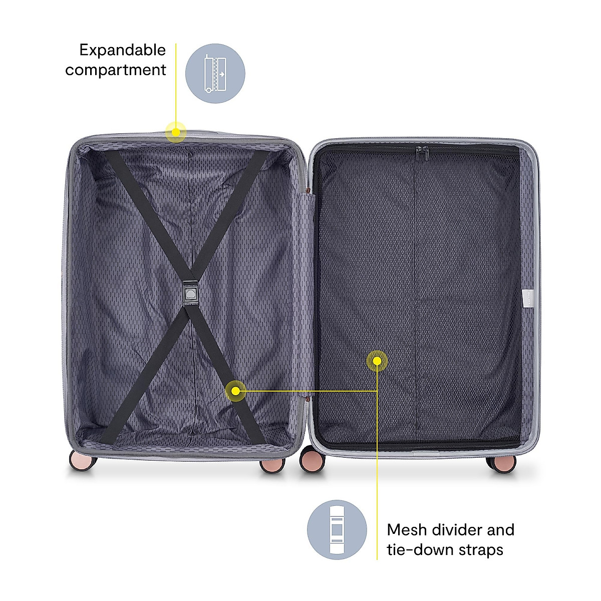 Delsey Paris Alexis Durable Luggage, Expandable Lightweight 4-Wheel Spinner, Easy Grip Handles for Smooth Mobility, TSA-Lock Incorporated, Men and Women, Platinum/Rose Gold, Check-In 25-Inch