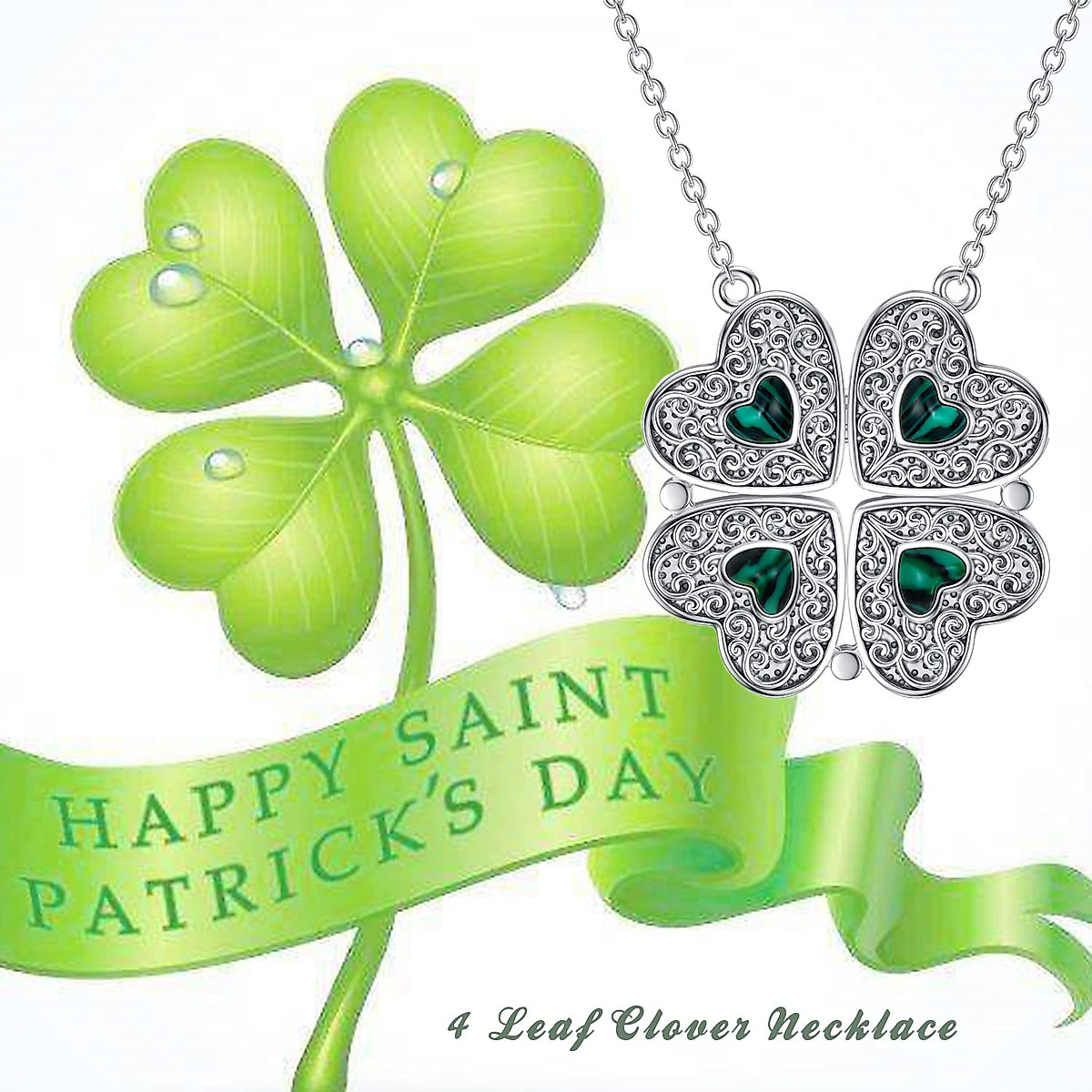 SLIACETE Magnetic 4 Leaf Clover Necklace with Simulated Malachite 925 Sterling Silver Shamrock Necklaces Good Luck Jewelry Birthday Gift for Women St Patricks Day