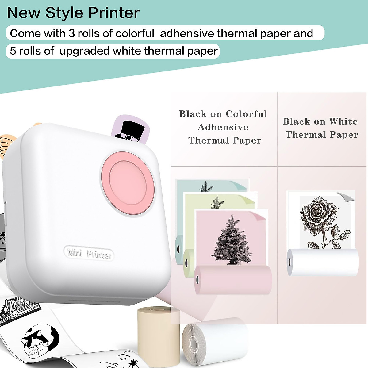 Mini Printer Portable, Inkless Sticker printer with 8 Rolls Paper, Bluetooth Wireless mini thermal printer, Print Pod Compatible with iOS + Android for Journal, Memo, Photo, DIY, Work, Gifts (Pink)