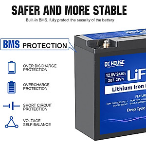 DC HOUSE 12V 24Ah Lithium Battery, 24Ah LiFePO4 Deep Cycle Battery, 3000+ Cycles, Built-in Smart BMS, Perfect for Fish Finder, Scooter, Trolling Motor, Lighting, Kids Ride on Car