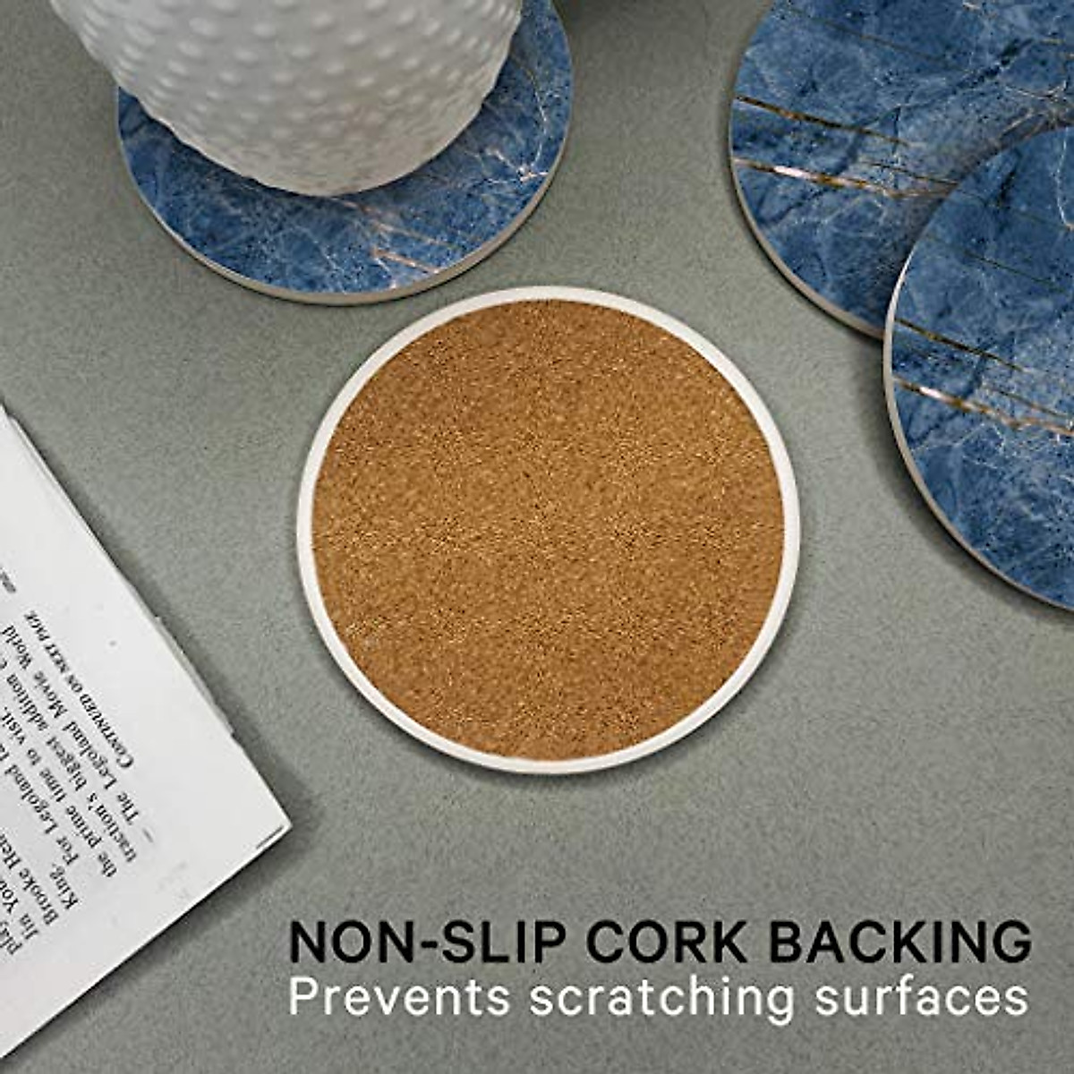 Emerson 100% Ceramic Coasters for Drinks Absorbent – Coffee Table Set of 6 with Holder, Wooden Tabletop Protection Marble Style - 4” Inch Non-Slip & Cork Bottom - Heavy Duty Drink Coasters (Ocean)