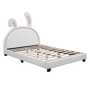 Merax Full Size Upholstered Leather Platform Bed with Bunny Ears Headboard, Platform Bed Frame with Rabbit Ornament for Kids, Child's Bedroom, No Box Spring Needed, White