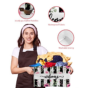 Storage Basket Pink Flowers Floral Leaves Large Foldable Storage Bins with Handles Black and White Stripe Waterproof Fabric Laundry Baskets for Organizing Shelves Closet Toy Gifts Bedroom Home Decor