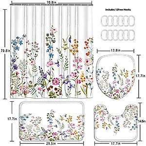 DDQQ 4Pcs Flower Shower Curtain Set with Non-Slip Rugs, Toilet Lid Cover and Bath Mat, Colorful Floral Shower Curtain with 12 Hooks, Waterproof Watercolor Boho Bath Curtain for Bathroom Decor