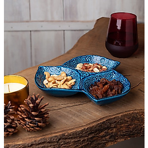 Lemose Leaf Shaped Decorative Ceramic Appetizer Plate - 3 Compartment Snack Tray Floral Pattern Serving Platter Cute Blue Divided Plates Embossed Dinnerware Bowls Dish for Fruits, Dips