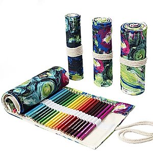 Maydahui Canvas Colored Pencil Roll Wrap 24/48/72 Slots Coloring Pencil Holder Organizer Storage Pouch Portable for Artist Drawing(Ink Painting,72Slots