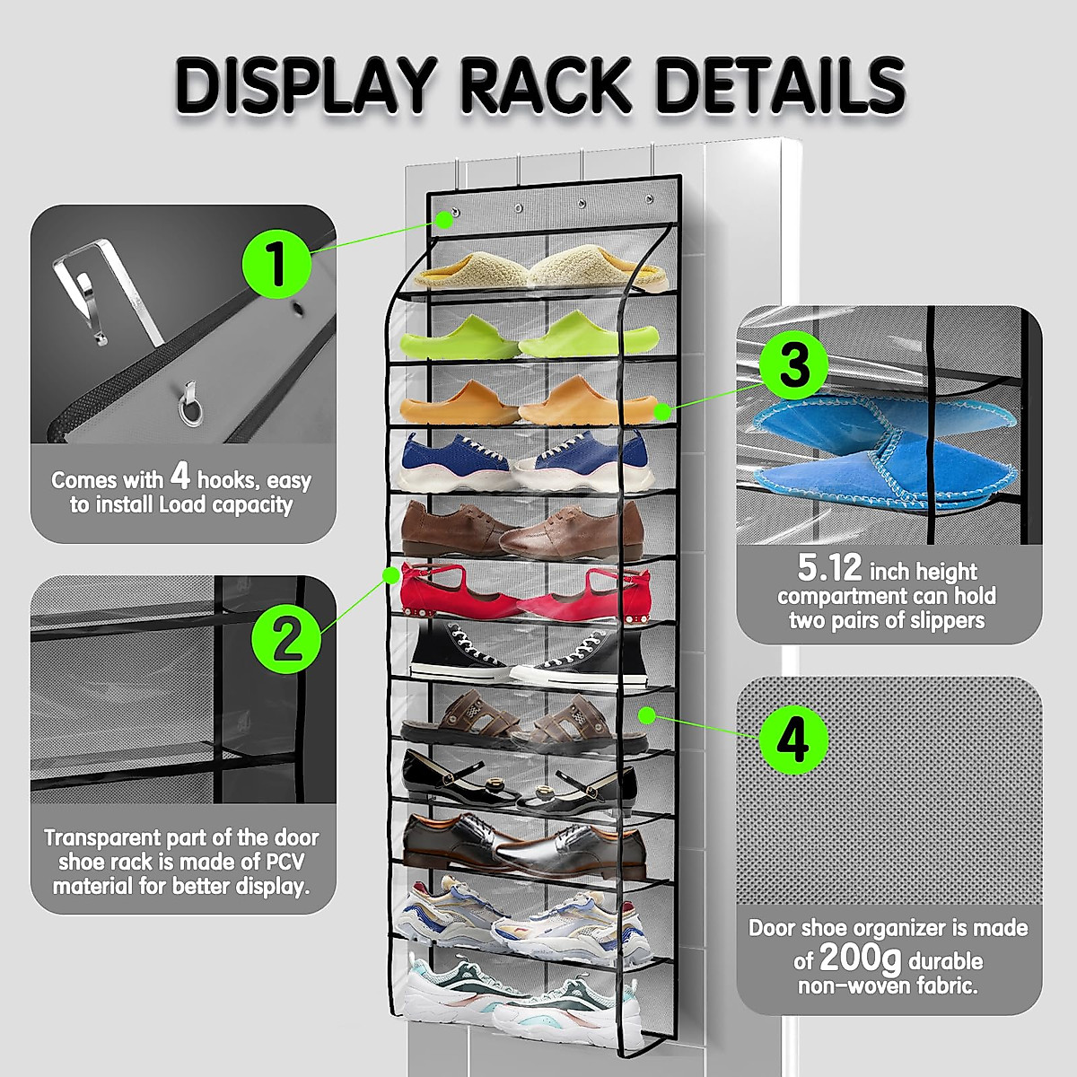 Kotkn Over the Door Hanging Shoe Organizer, 12 Slotted Clear Large Pockets, Hanging Hanging Shoe Organizer, Reusable - Shoe Organizer. Shoe organizer shoe rack for adults, children, babies (Gray)