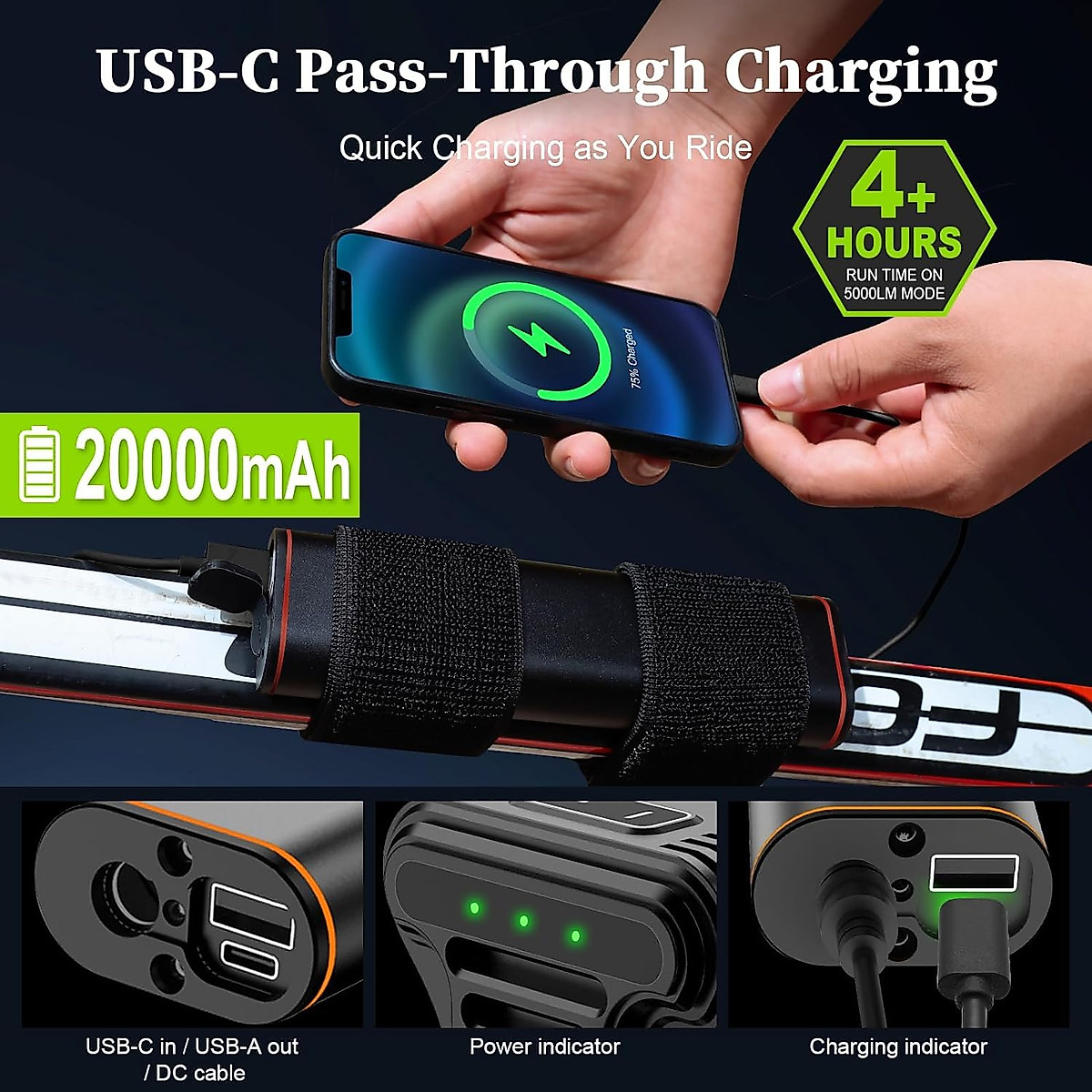 Bike Lights for Night Riding Aluminum Mounts Front and Back 5000 Lumen 12h 20000mah External Battery Pack for Night Riders, Mountain Bikers, Off-Road Cyclists